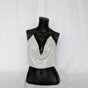 White Metallic Mesh Disco Glam Halter Crop Top W Chain Strap - Etsy