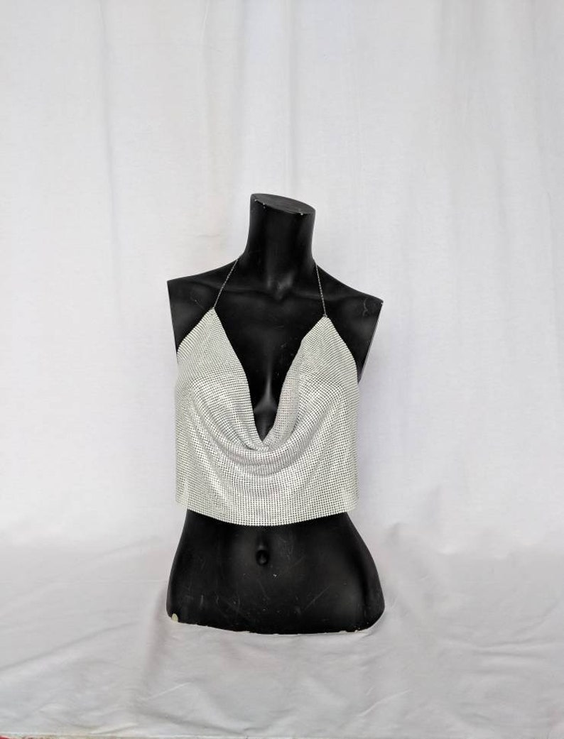 White Metallic Mesh Disco Glam Halter Crop Top W Chain Strap - Etsy