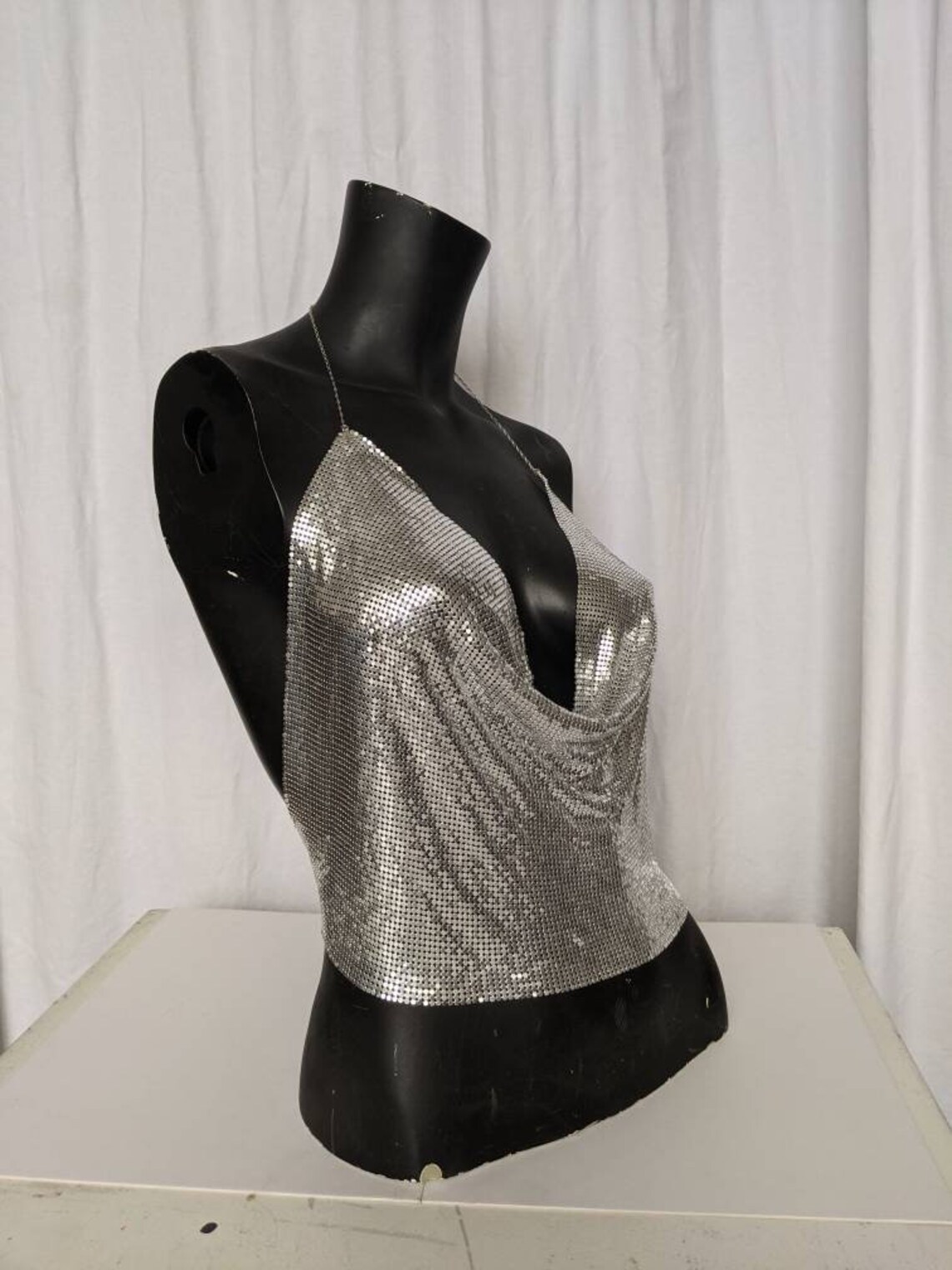 Metallic silver halter top with thin chain straps one size | Etsy