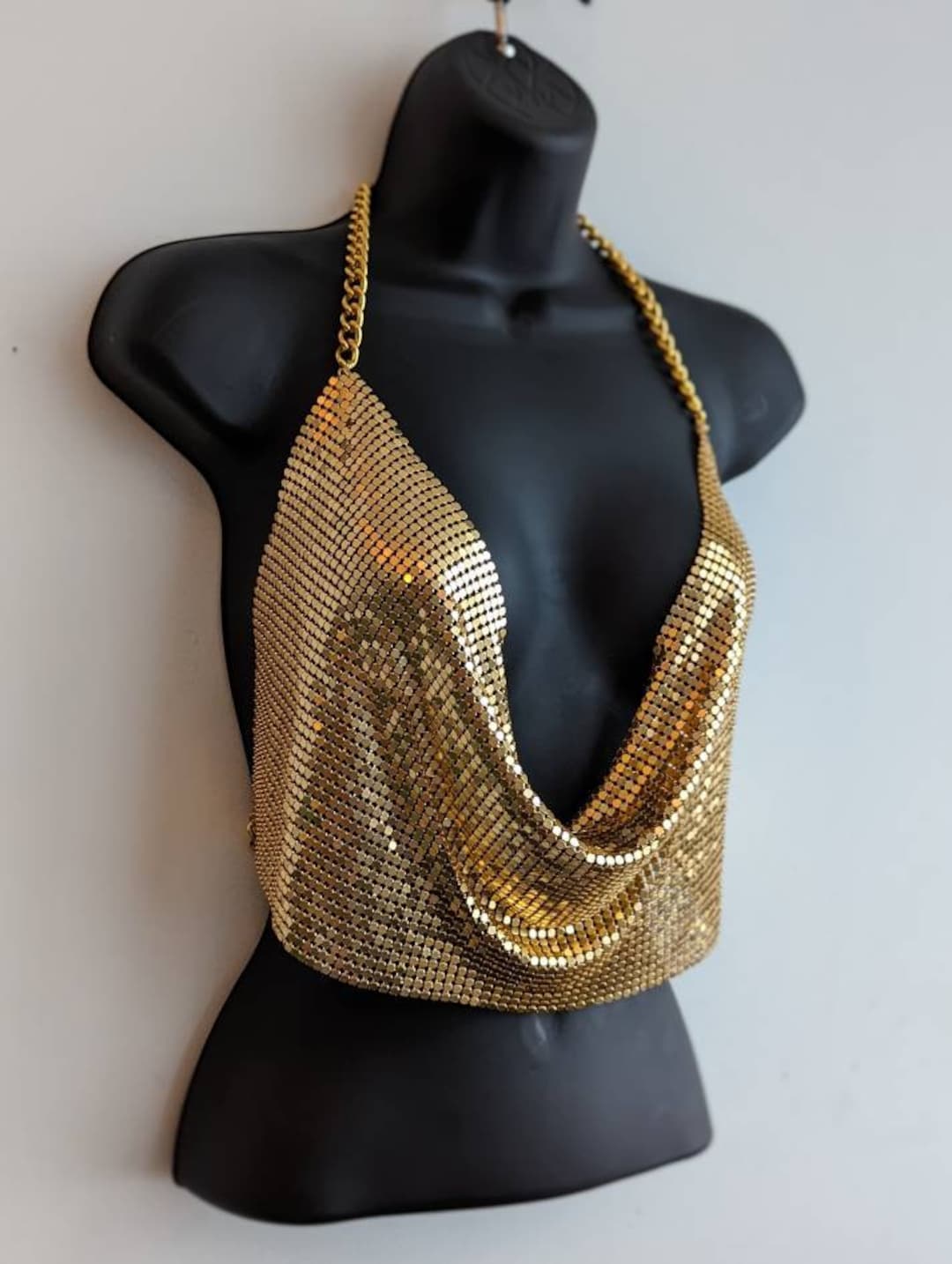 Metallic Gold Mesh Halter Crop Top With Chunky Chain Straps One Size ...