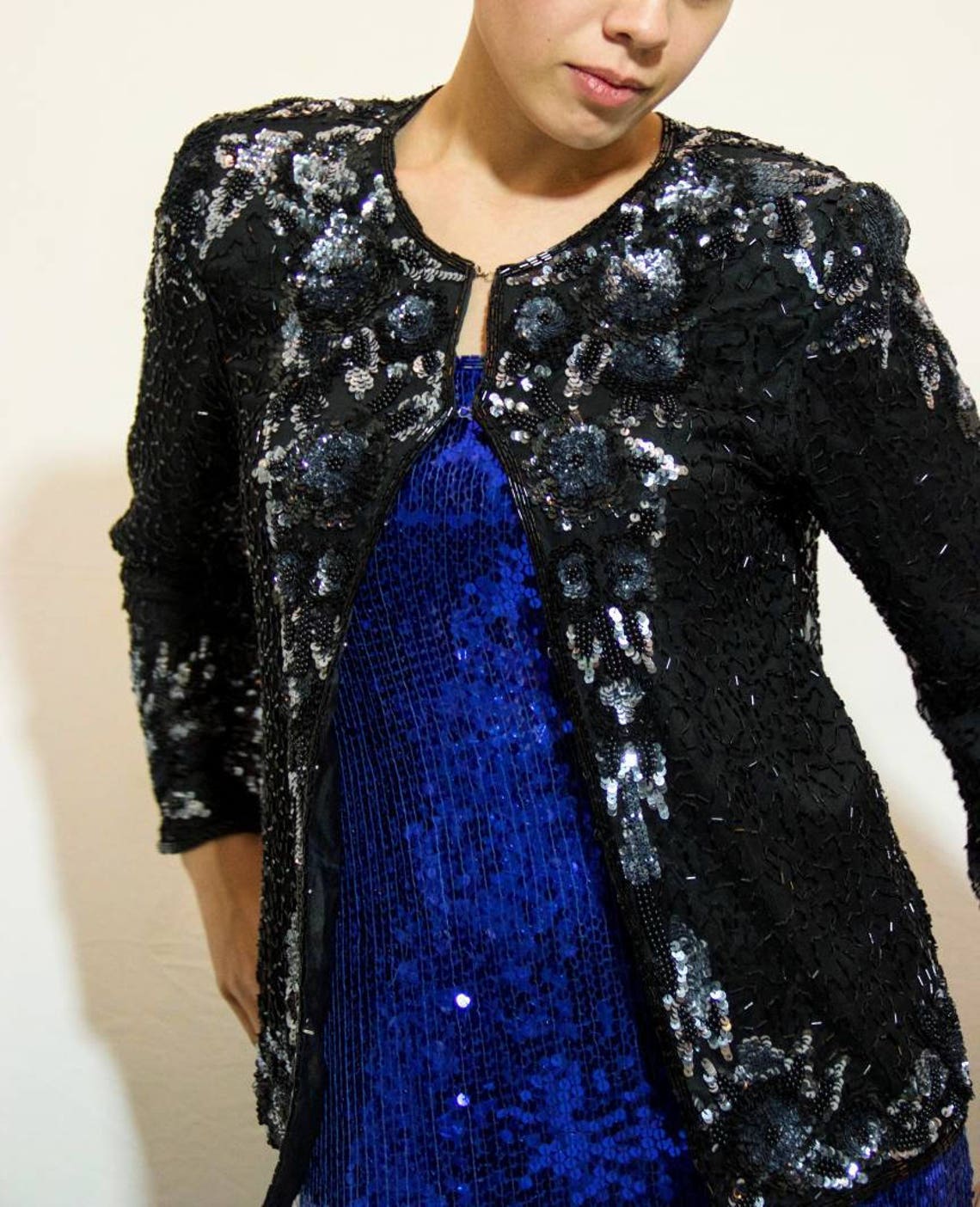 Black and Silver Jacket Sequined and Beaded Floral Pattern - Etsy