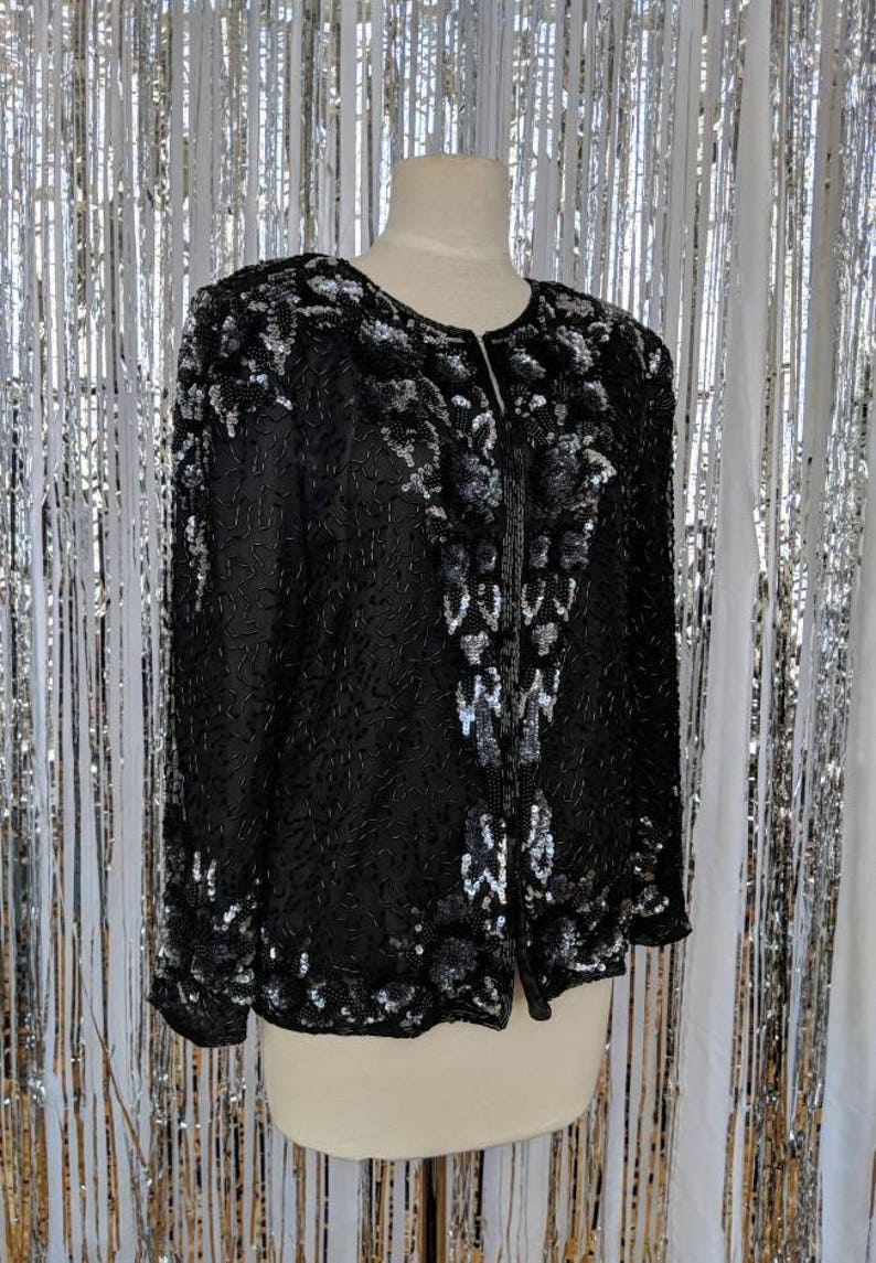 Black and Silver Jacket Sequined and Beaded Floral Pattern - Etsy