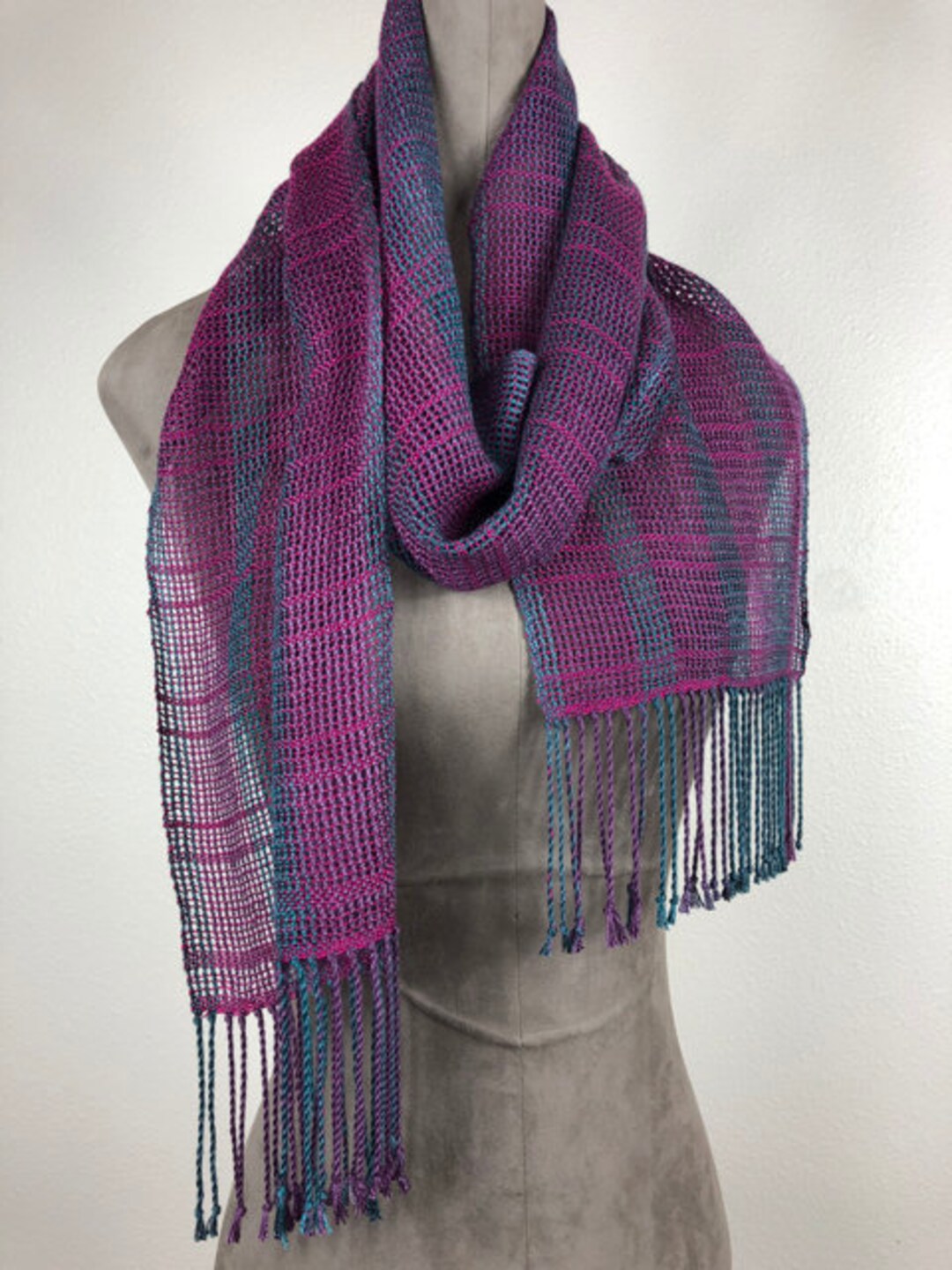 Handwoven Open Weave Scarf-purple Red/ Blue Gray - Etsy