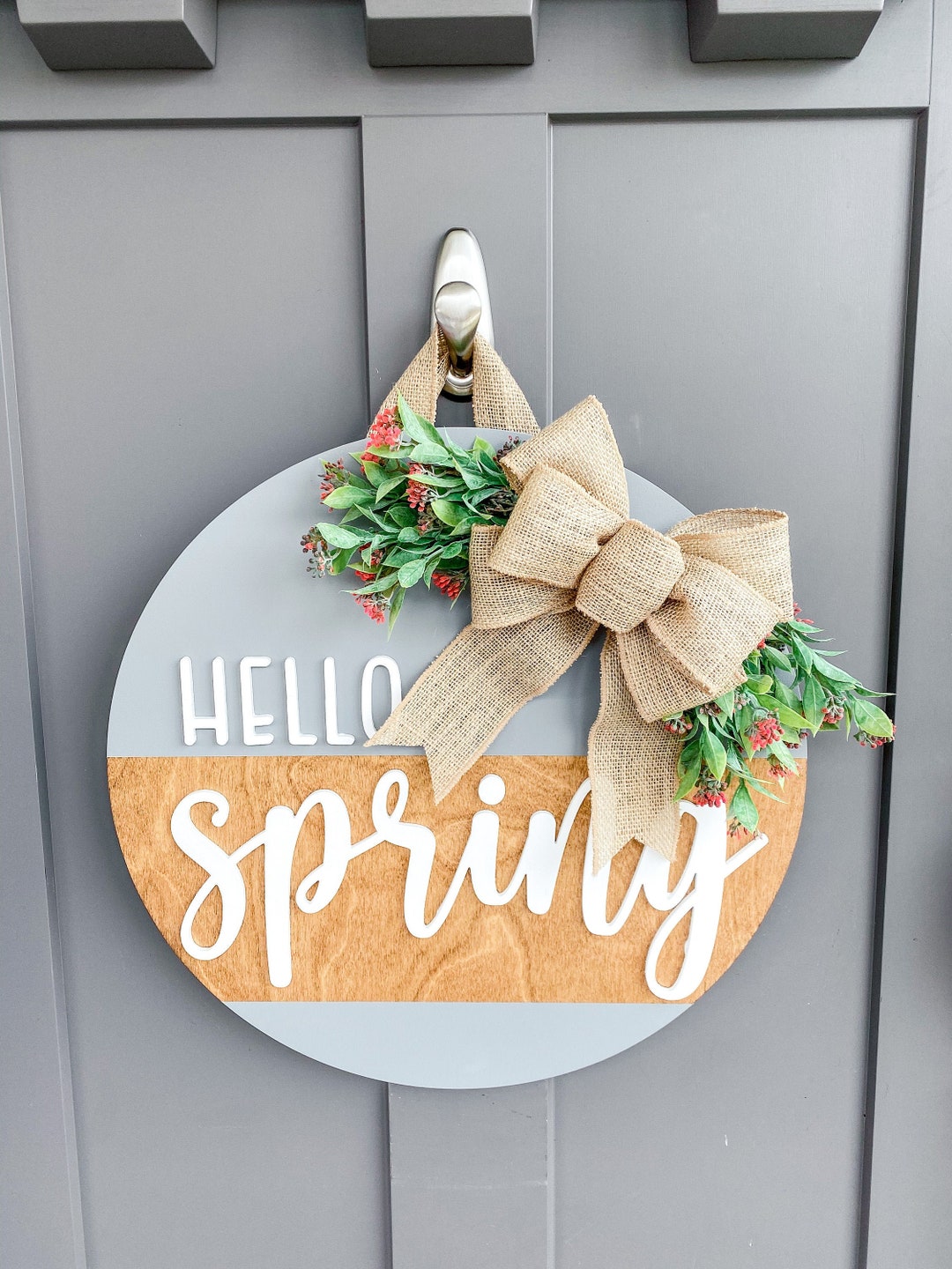 Front Door Decor | Hello Spring | Round Wood Sign | Front Door Wreath ...