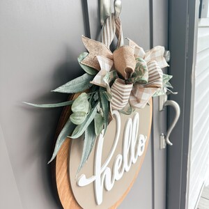 Front Door Decor | Gray Hello | Round Wood Sign | Front Door Wreath ...
