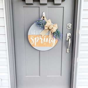 Front Door Decor | Hello Spring | Round Wood Sign | Front Door Wreath ...