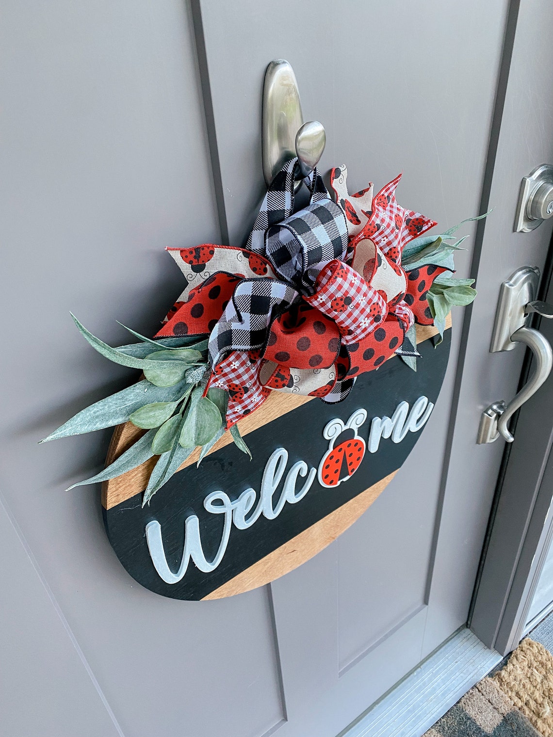 Front Door Decor | Ladybug Welcome Door Hanger | Round Wood Sign ...