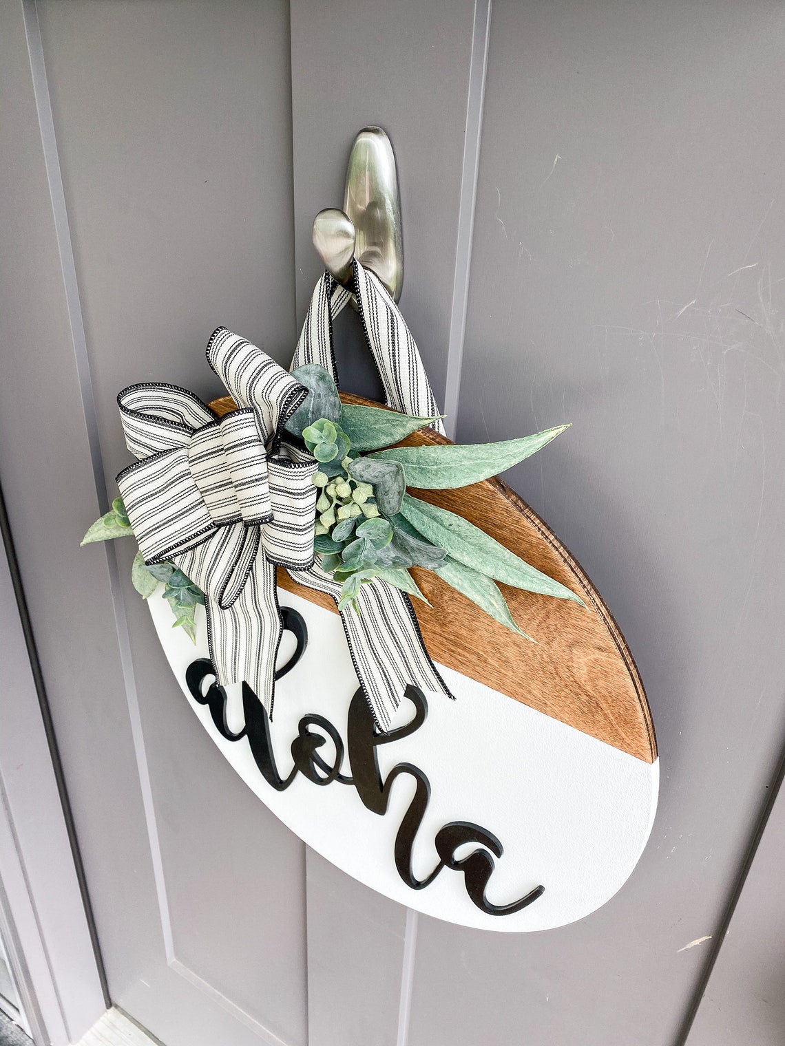 Front Door Decor | Cream | Aloha | Round Wood Sign | Front Door Wreath ...