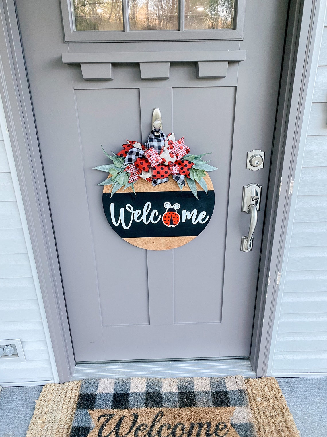 Front Door Decor | Ladybug Welcome Door Hanger | Round Wood Sign ...