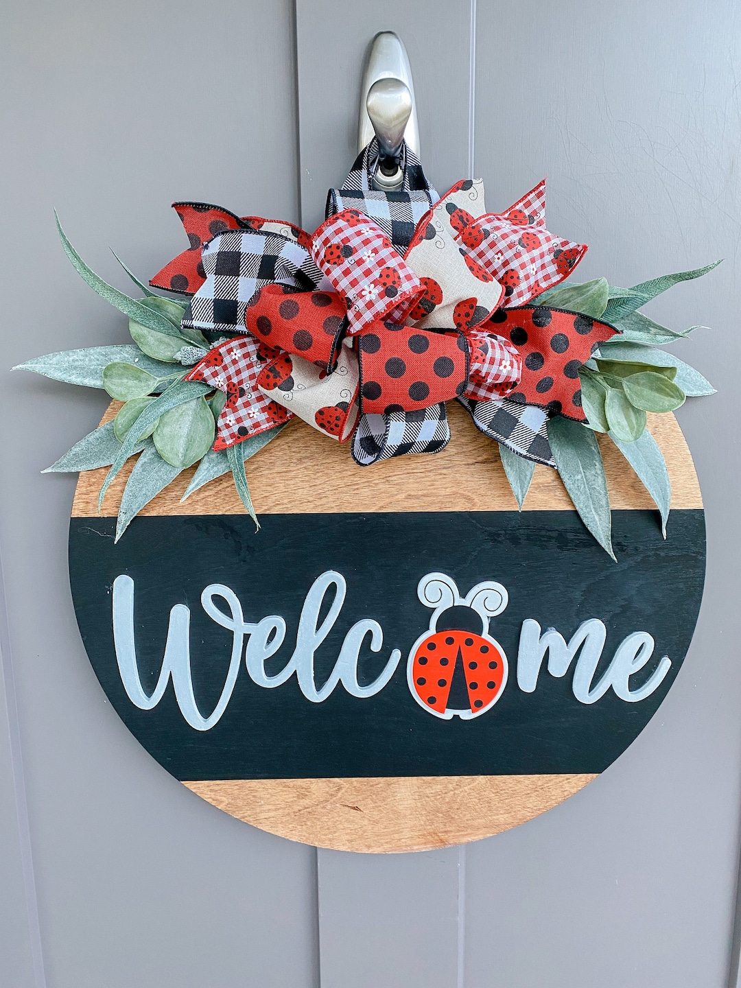 Front Door Decor | Ladybug Welcome Door Hanger | Round Wood Sign ...