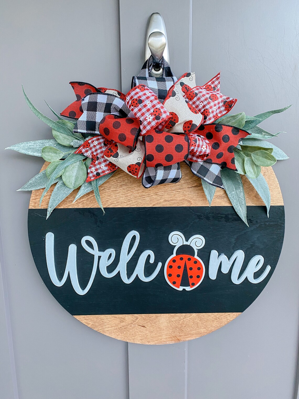 Front Door Decor | Ladybug Welcome Door Hanger | Round Wood Sign ...