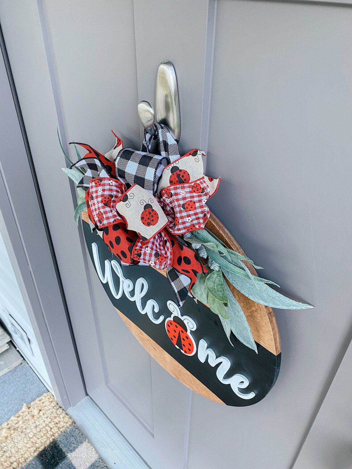 Front Door Decor | Ladybug Welcome Door Hanger | Round Wood Sign ...