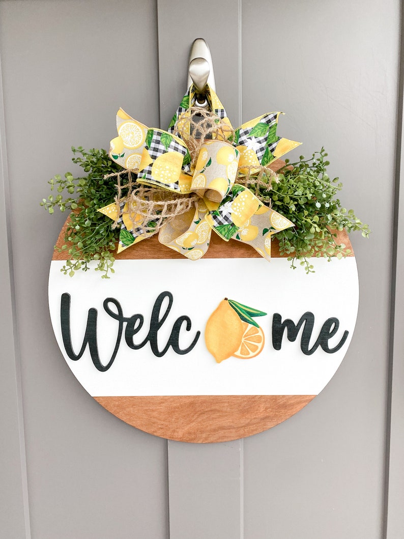 Front Door Decor Lemon Welcome Door Hanger Round Wood Sign - Etsy