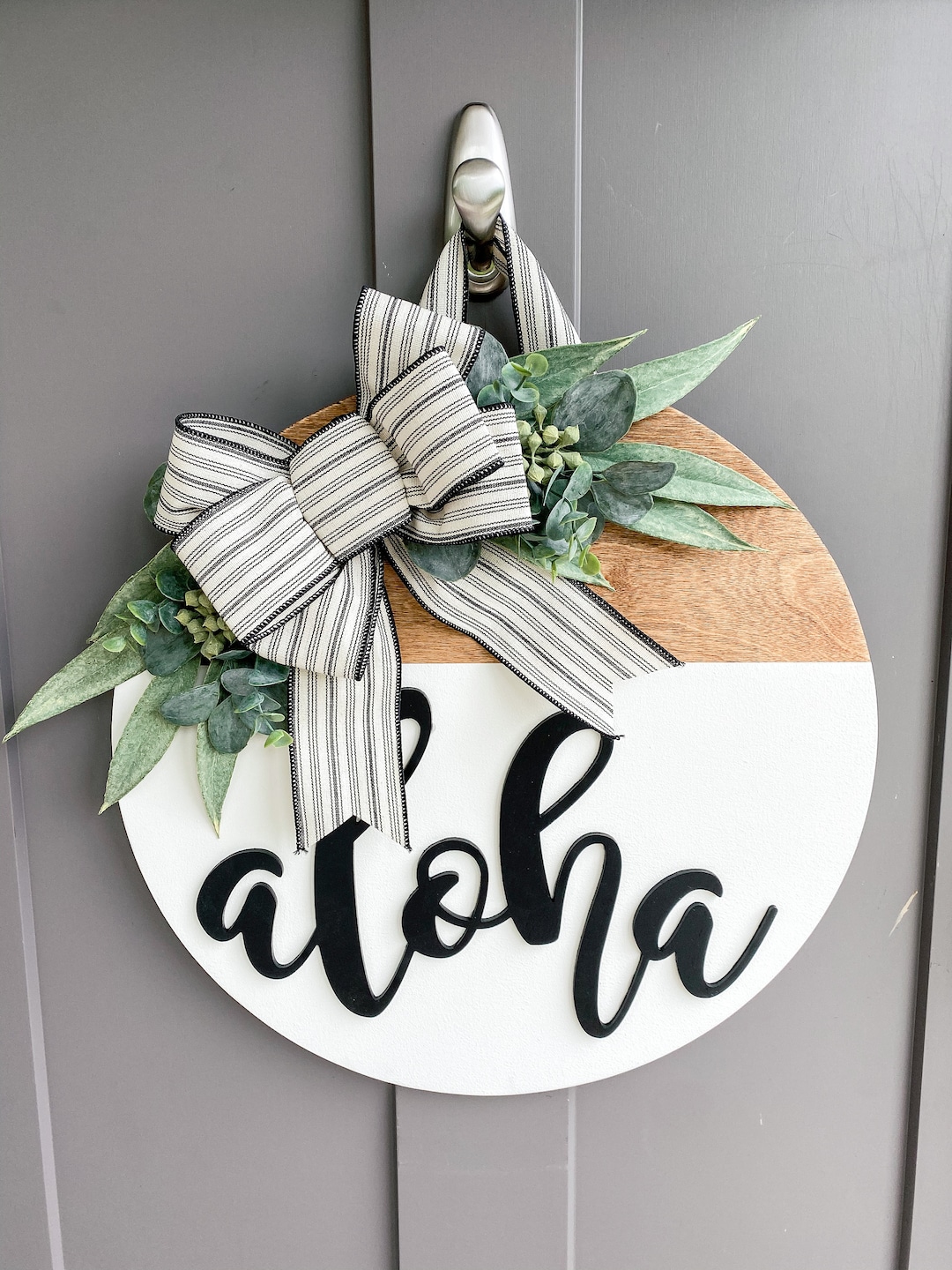 Front Door Decor | Cream | Aloha | Round Wood Sign | Front Door Wreath ...