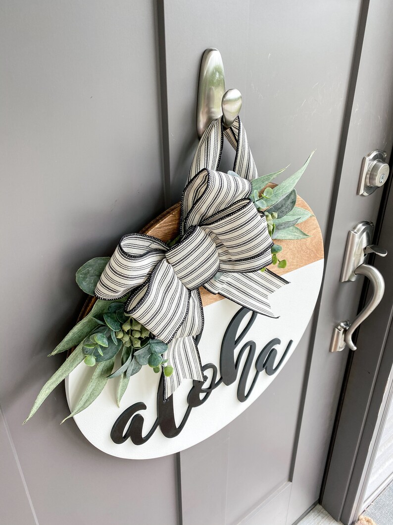 Front Door Decor | Cream | Aloha | Round Wood Sign | Front Door Wreath ...