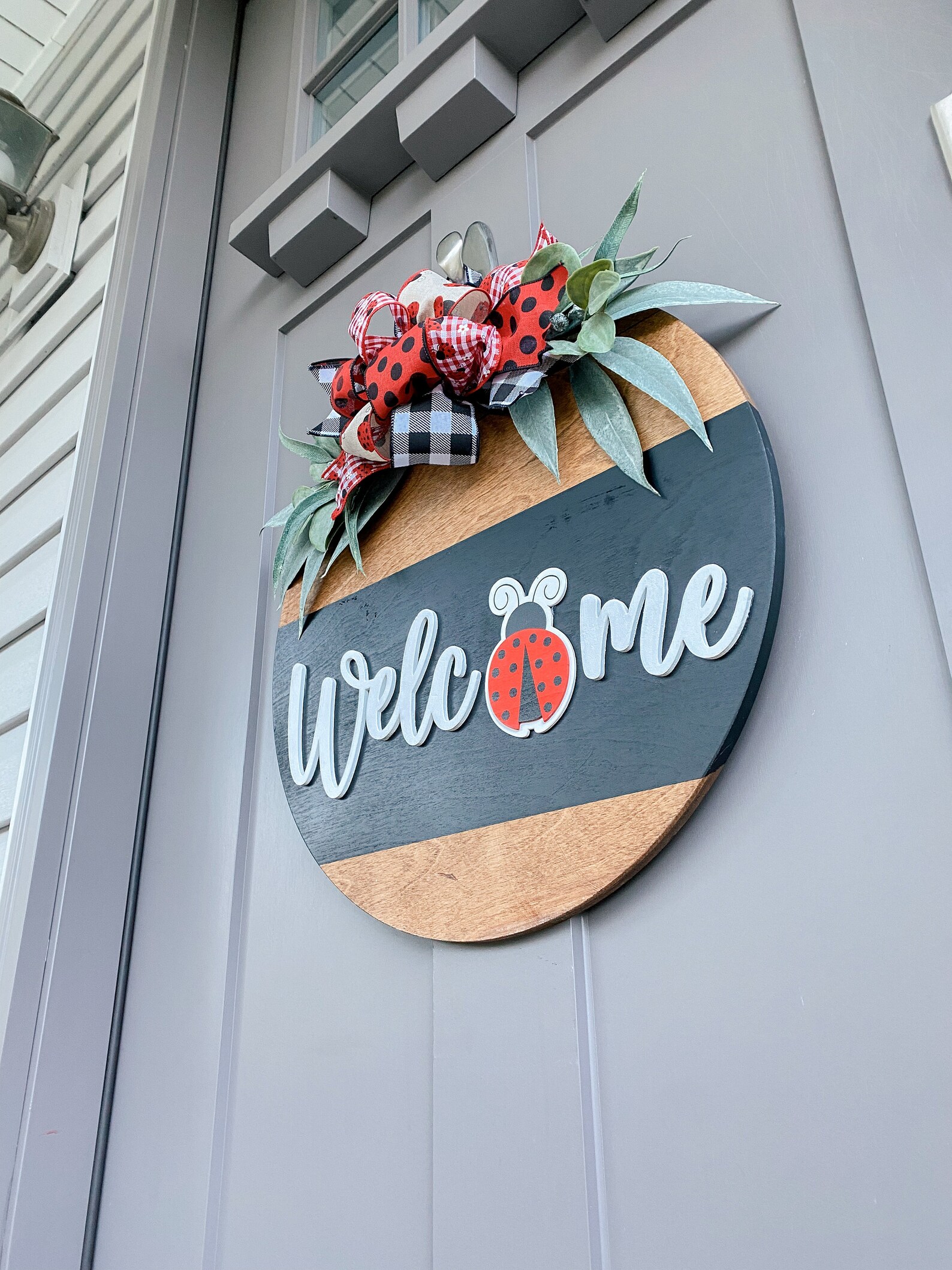 Front Door Decor | Ladybug Welcome Door Hanger | Round Wood Sign ...