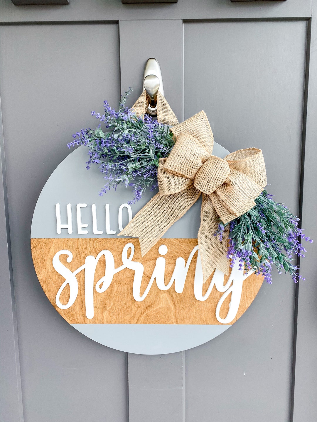 Front Door Decor | Hello Spring | Round Wood Sign | Front Door Wreath ...