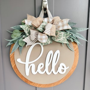 Front Door Decor | Gray Hello | Round Wood Sign | Front Door Wreath ...