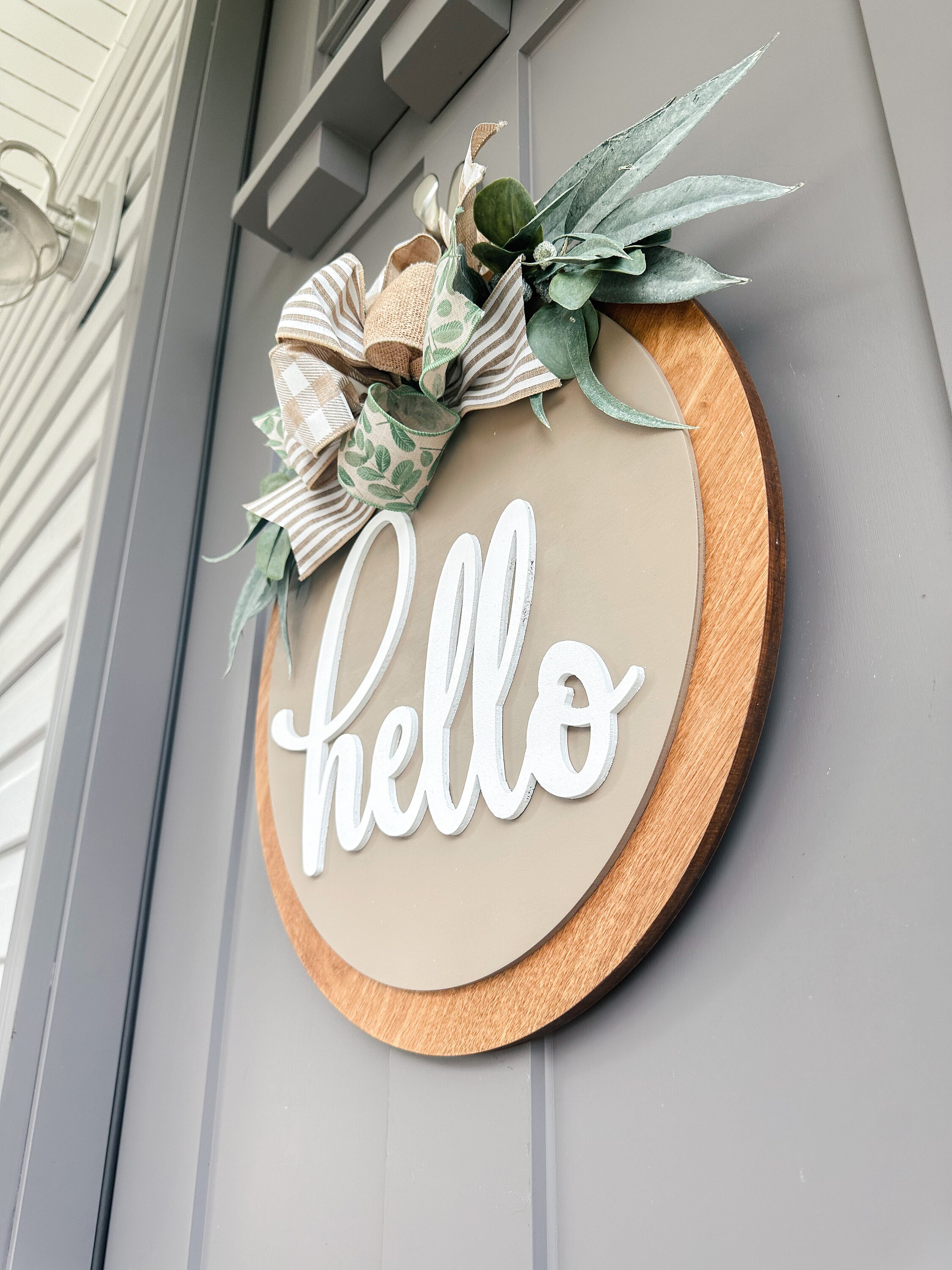 Front Door Decor | Gray Hello | Round Wood Sign | Front Door Wreath ...