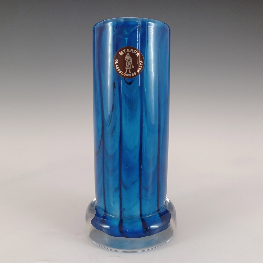LABELLED Mtarfa Blue & White Glass Vintage Vase - Etsy