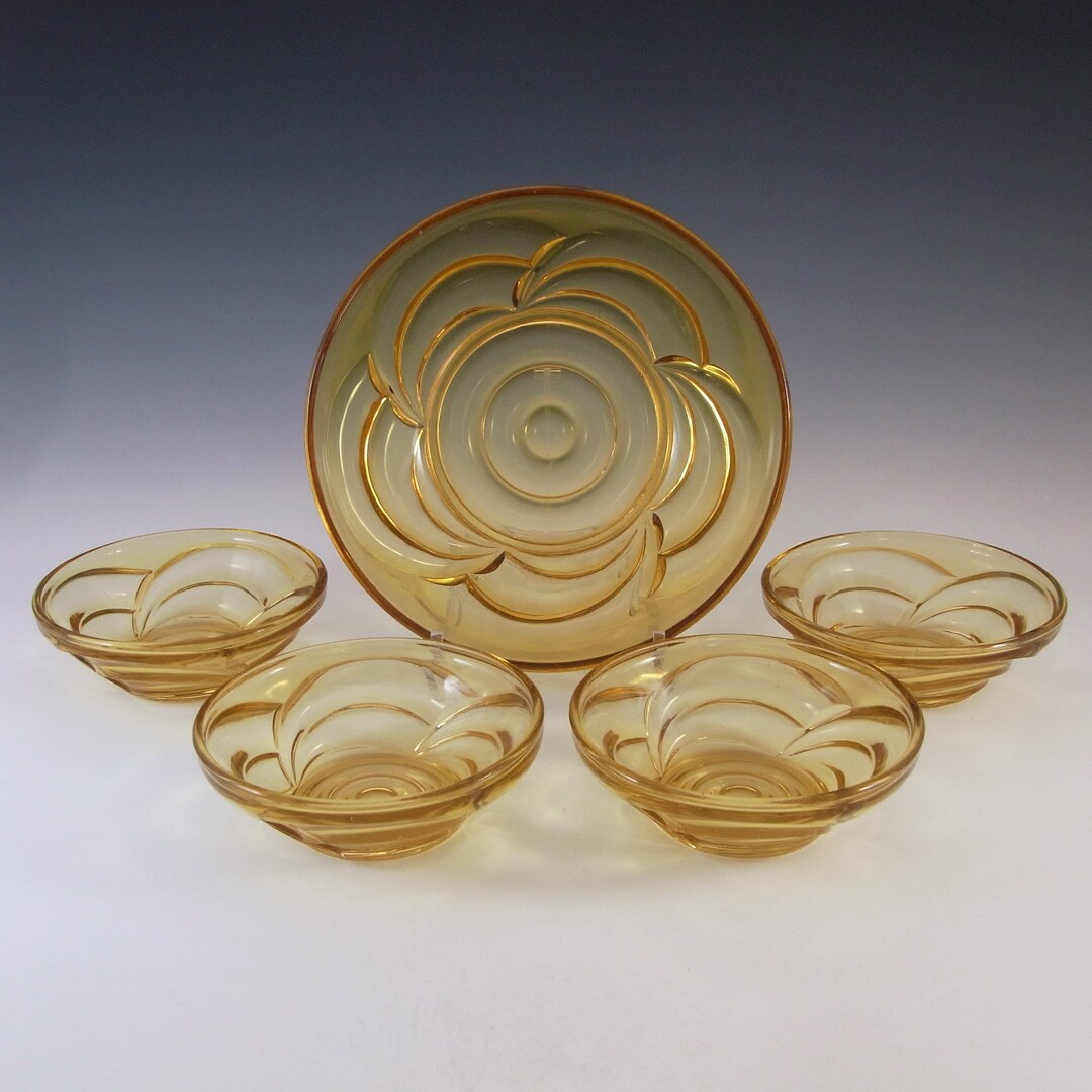 RARE Bagley Art Deco Amber Glass 'osprey' Fruit Bowl Set #3153 - Etsy UK