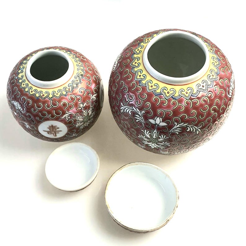 Two 1960's Chinese Jingdezhen Porcelain Ginger Jars - Maroon Red Hand ...