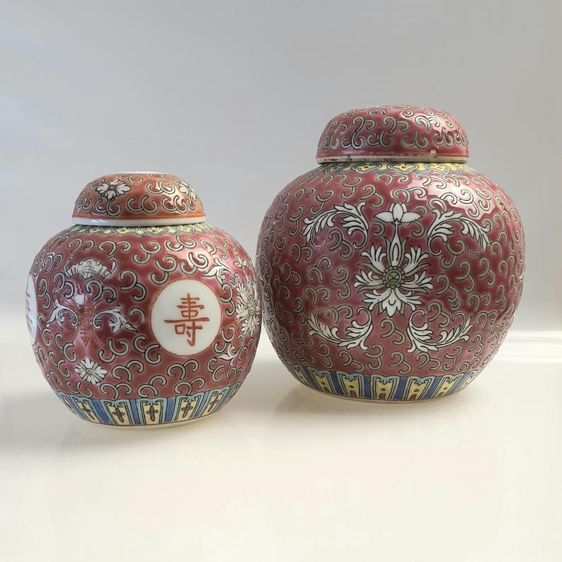 Two 1960's Chinese Jingdezhen Porcelain Ginger Jars - Maroon Red Hand ...