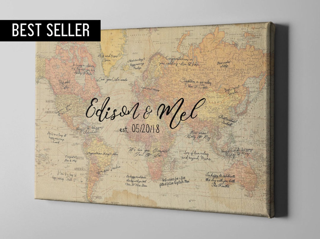 Canvas Guest Book, Rustic World Map Guest Book, Vintage Travel Theme ...