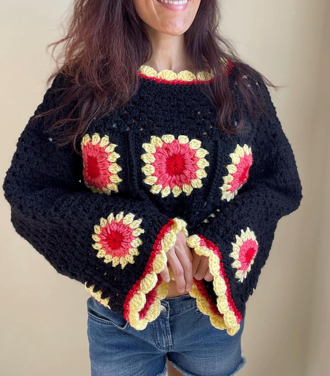 Sunburst Granny Square Black Pullover Sweater - Black Flower Crochet Sweater - Sunburst Crochet ...