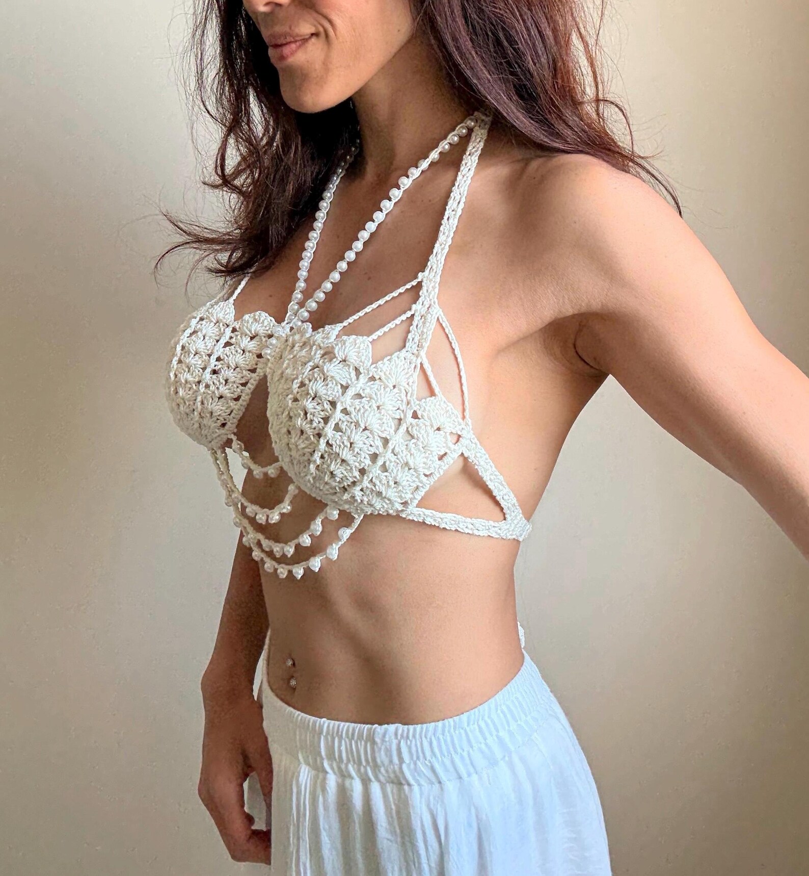 White Crochet Mermaid Seashell Bikini Top – Pearl Beaded Bralette, Festival Rave Top, Coachella ...