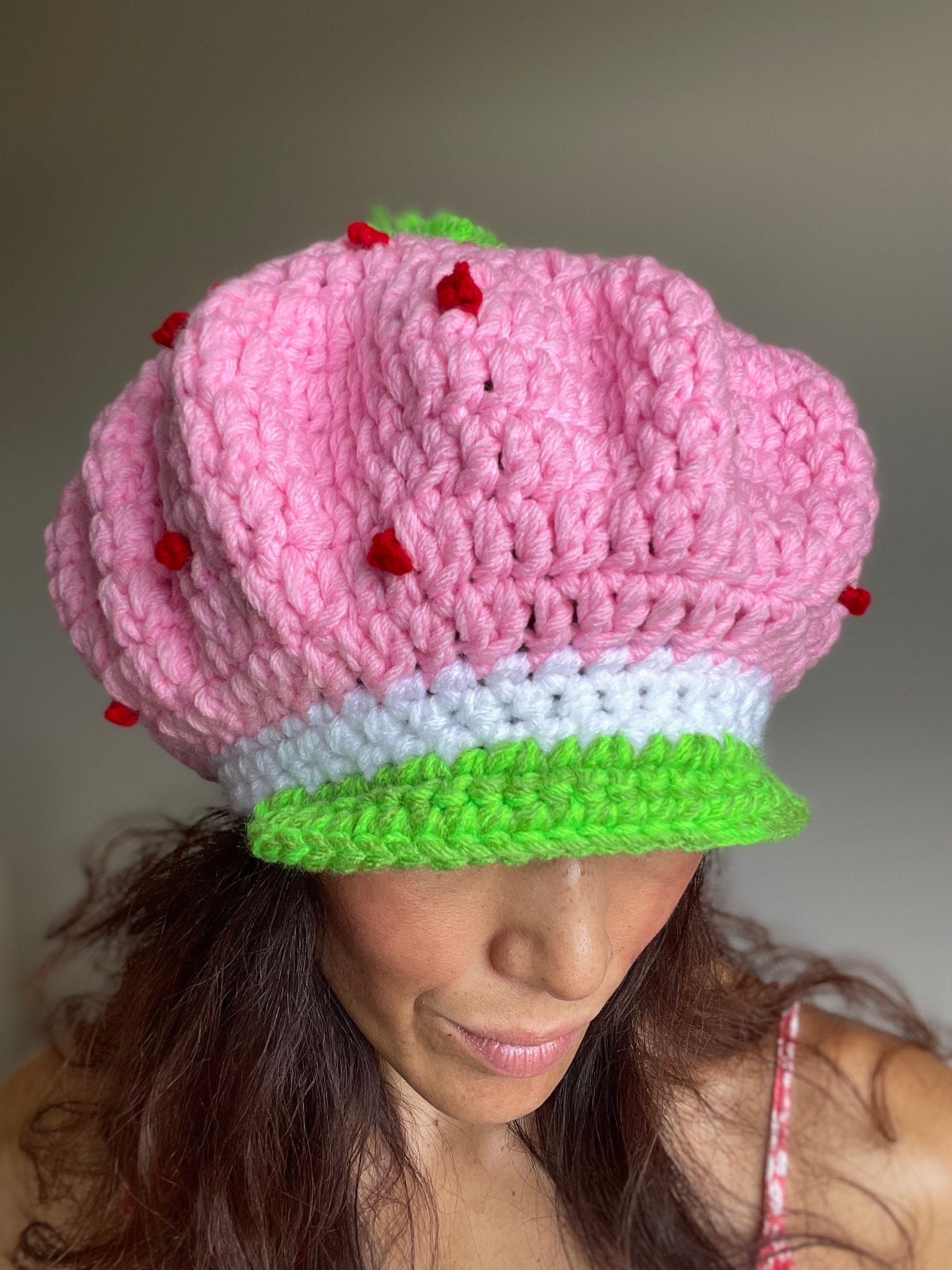 Pink Strawberry Hat, Strawberry Shortcake Inspired Hat, Strawberry Knit ...