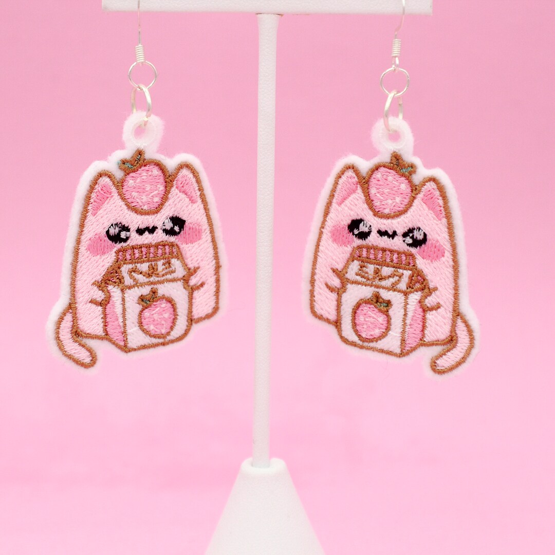 Kawaii Strawberry Milk Aesthetic Cat Earrings - Super Cute Harajuku ...