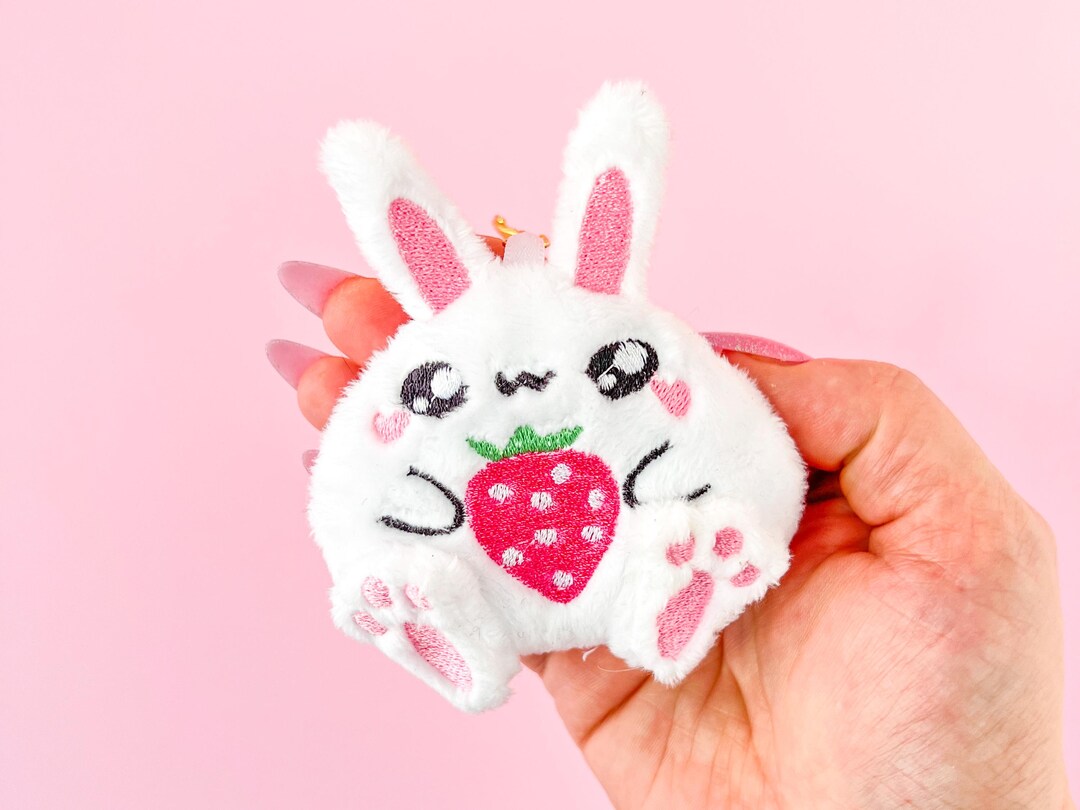Kawaii Chibi Strawberry Bunny Plush Keychain - Cute White Rabbit Bag ...