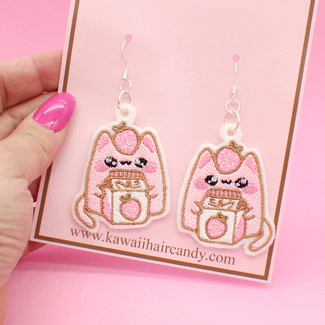 Kawaii Strawberry Milk Aesthetic Cat Earrings Super Cute Harajuku ...