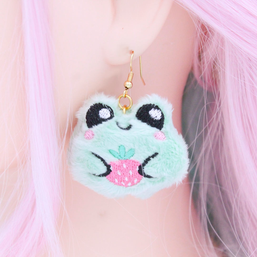 Kawaii Strawberry Frog Plushie Earrings, Quirky Animal Statement ...