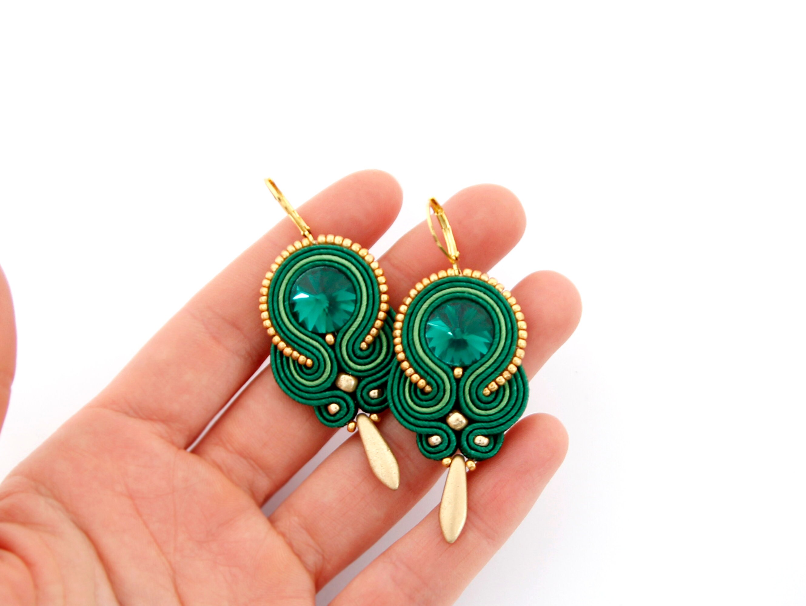 Green and gold earrings green drop earrings green soutache | Etsy