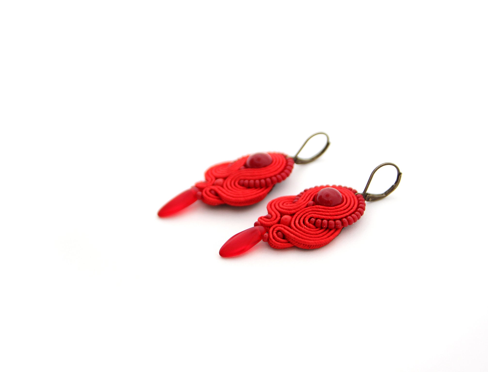 Red Embroidered Earrings, Red Dangle Drop Earrings, Red Soutache - Etsy