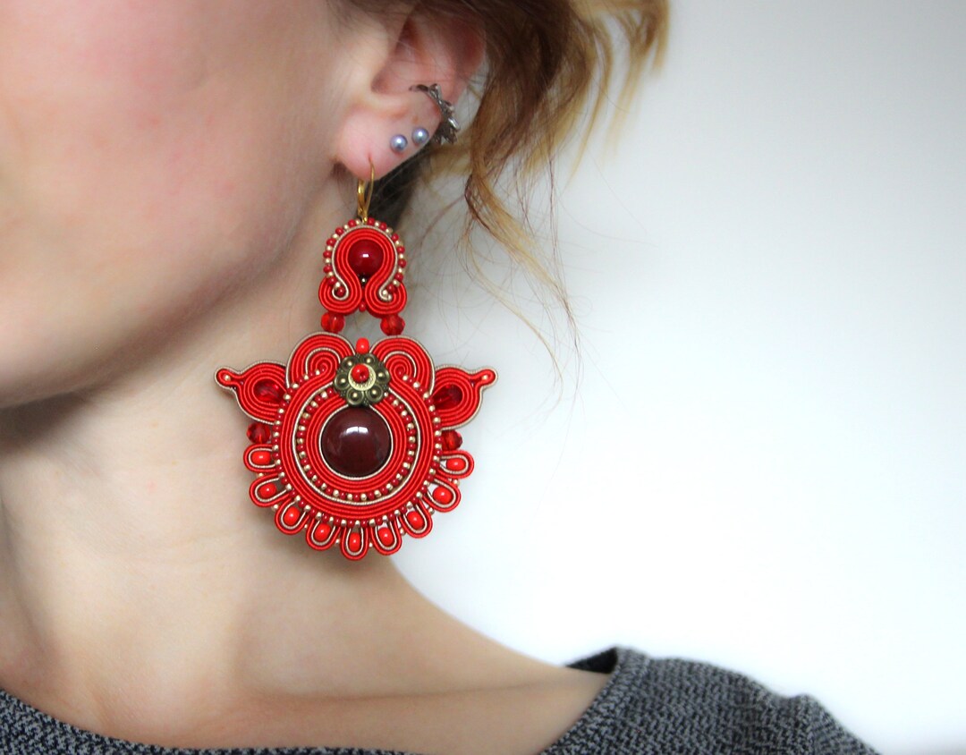 Red Beaded Dangle Earrings, Red and Gold Chandelier Earrings, Big Red ...