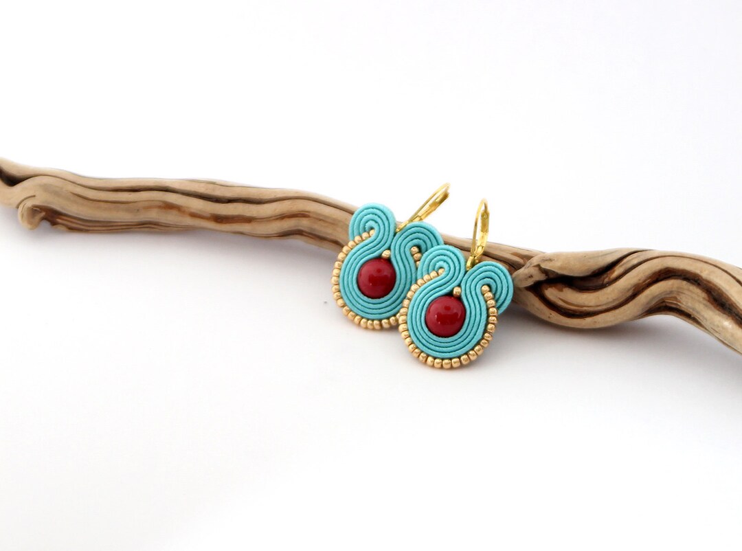 Turquoise, Red and Gold Earrings, Turquoise Beaded Earrings, Multicolor ...