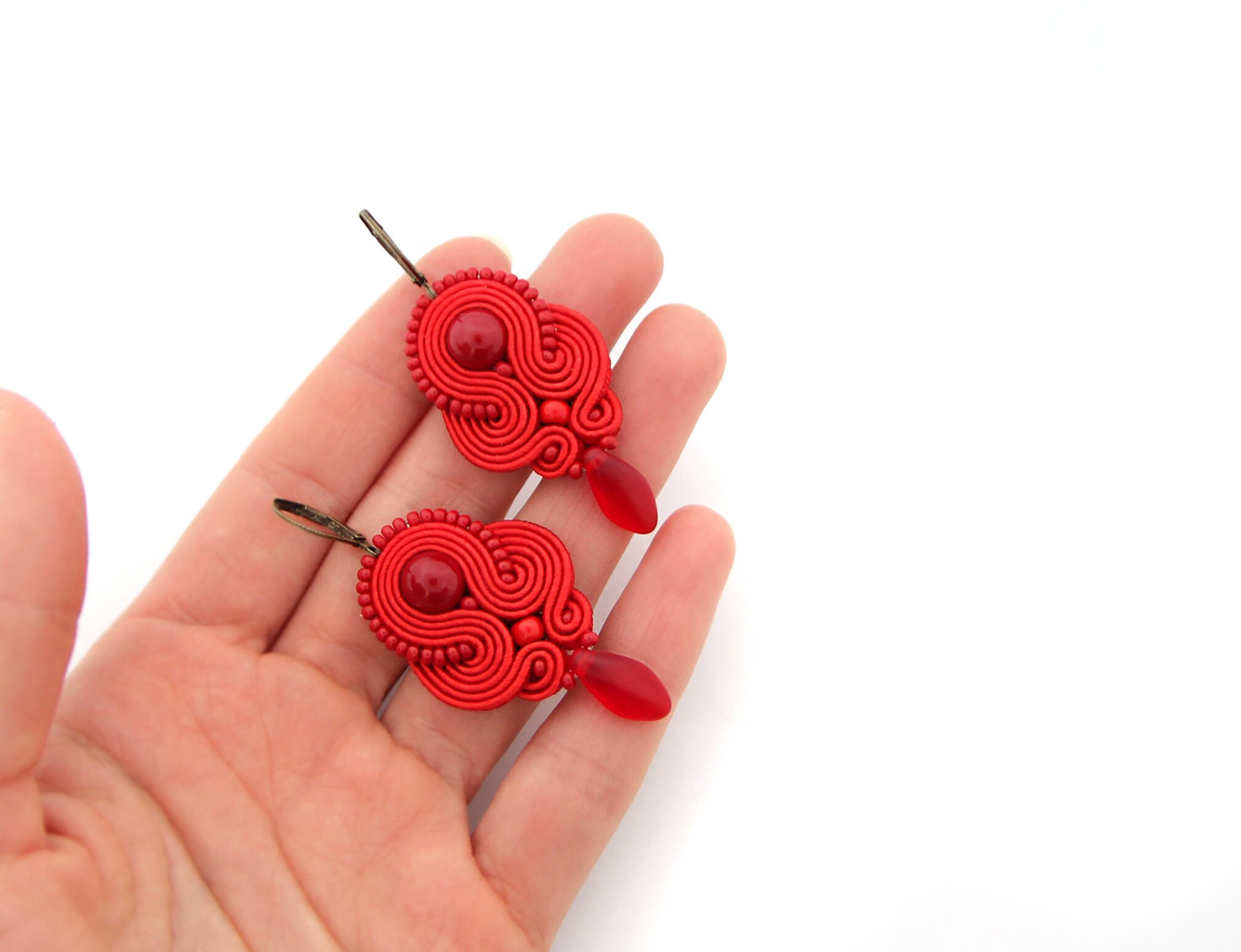 Red Embroidered Earrings, Red Dangle Drop Earrings, Red Soutache - Etsy