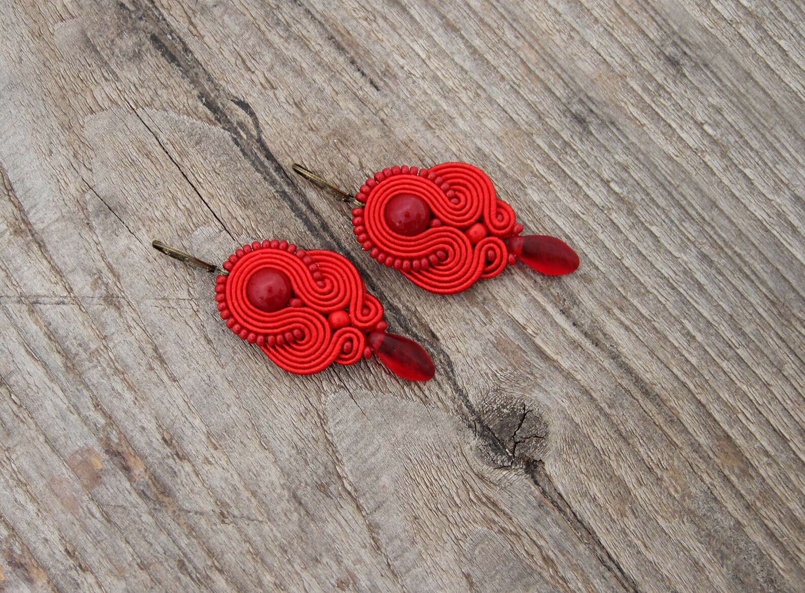 Red Embroidered Earrings, Red Dangle Drop Earrings, Red Soutache - Etsy