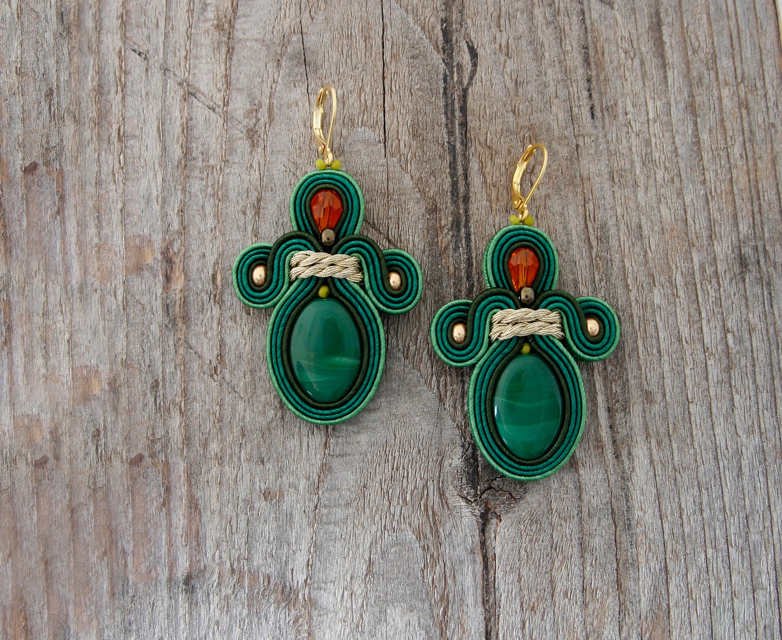 Green Dangle Drop Earrings Green and Gold Earrings Green - Etsy