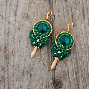 Green and Gold Earrings, Green Drop Earrings, Green Soutache Earrings ...