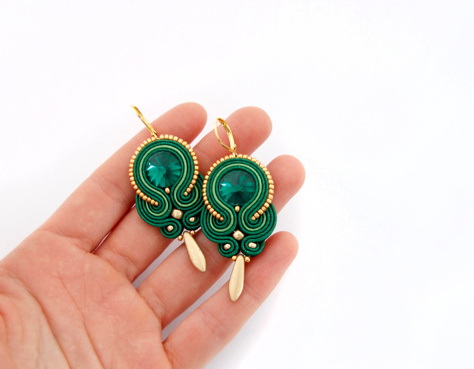 Green and Gold Earrings Green Drop Earrings Green Soutache - Etsy