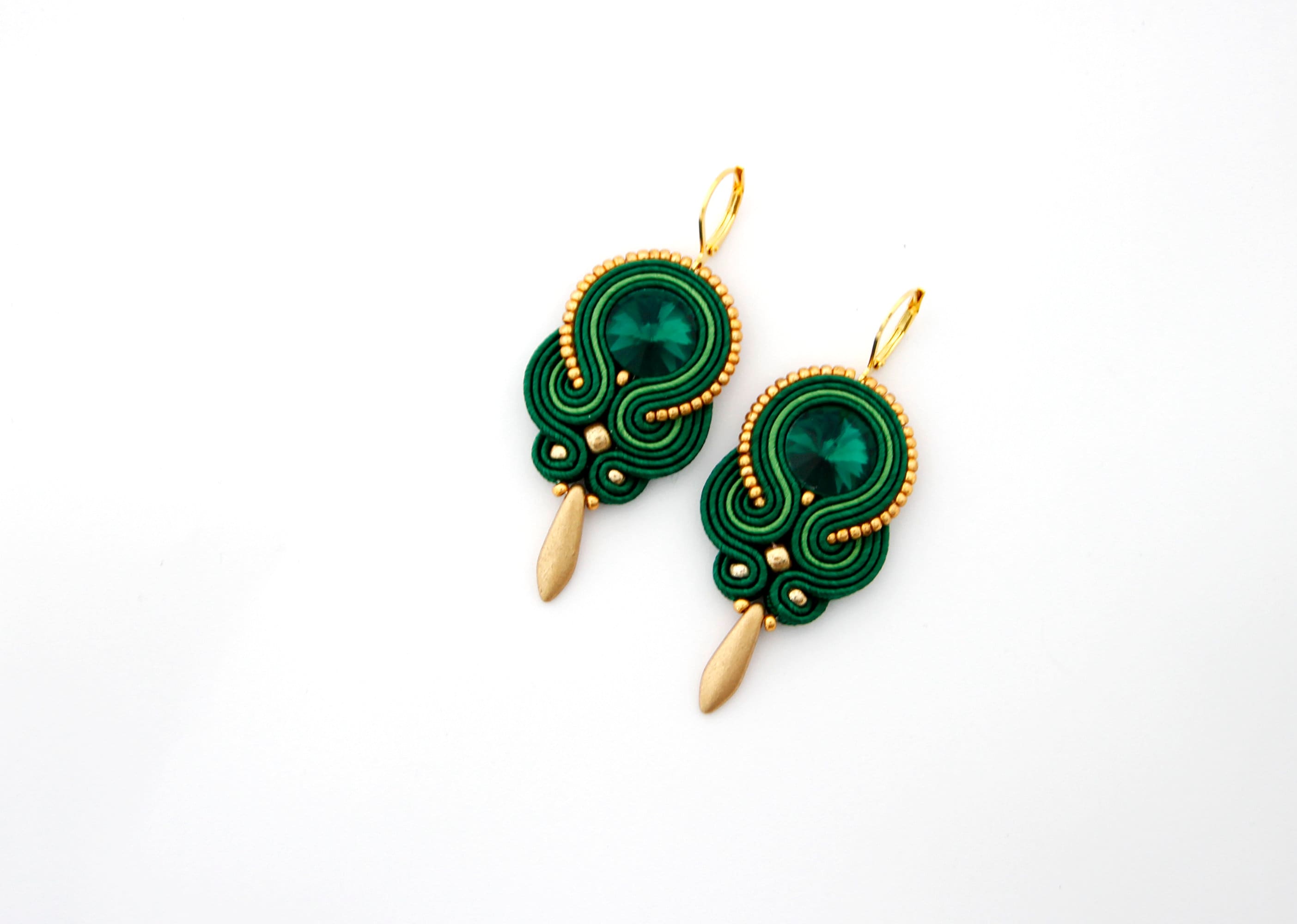 Green and gold earrings green drop earrings green soutache | Etsy