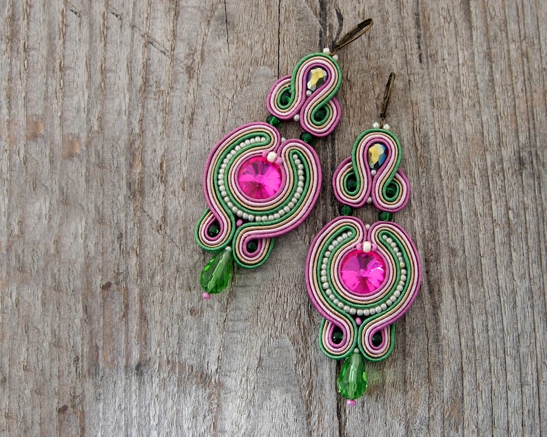 Pink and Green Dangle Earrings, Pink-green Soutache Earrings - Etsy