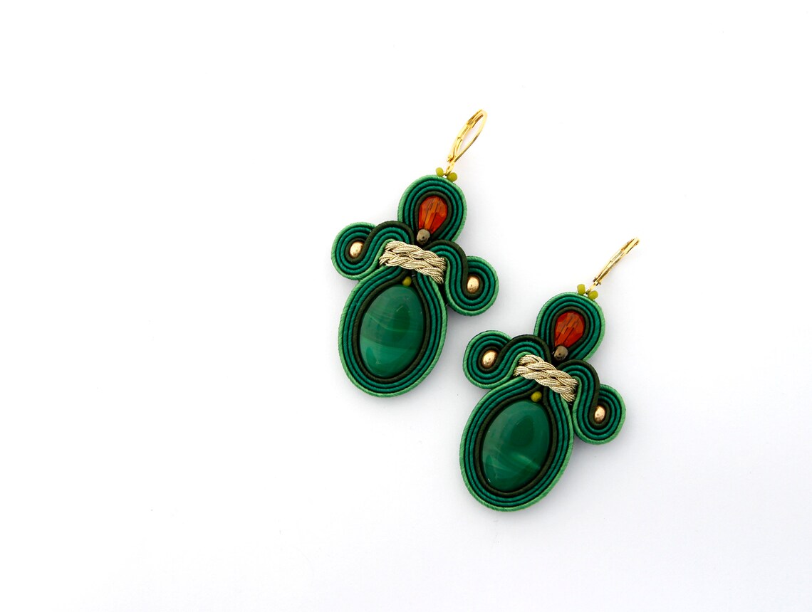 Green Dangle Drop Earrings Green and Gold Earrings Green - Etsy
