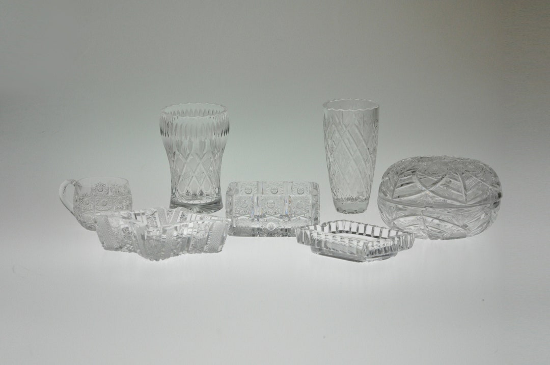 Collection of 7 Cut to Clear Glass Items, Cut Glass, Cut Glass Vase ...