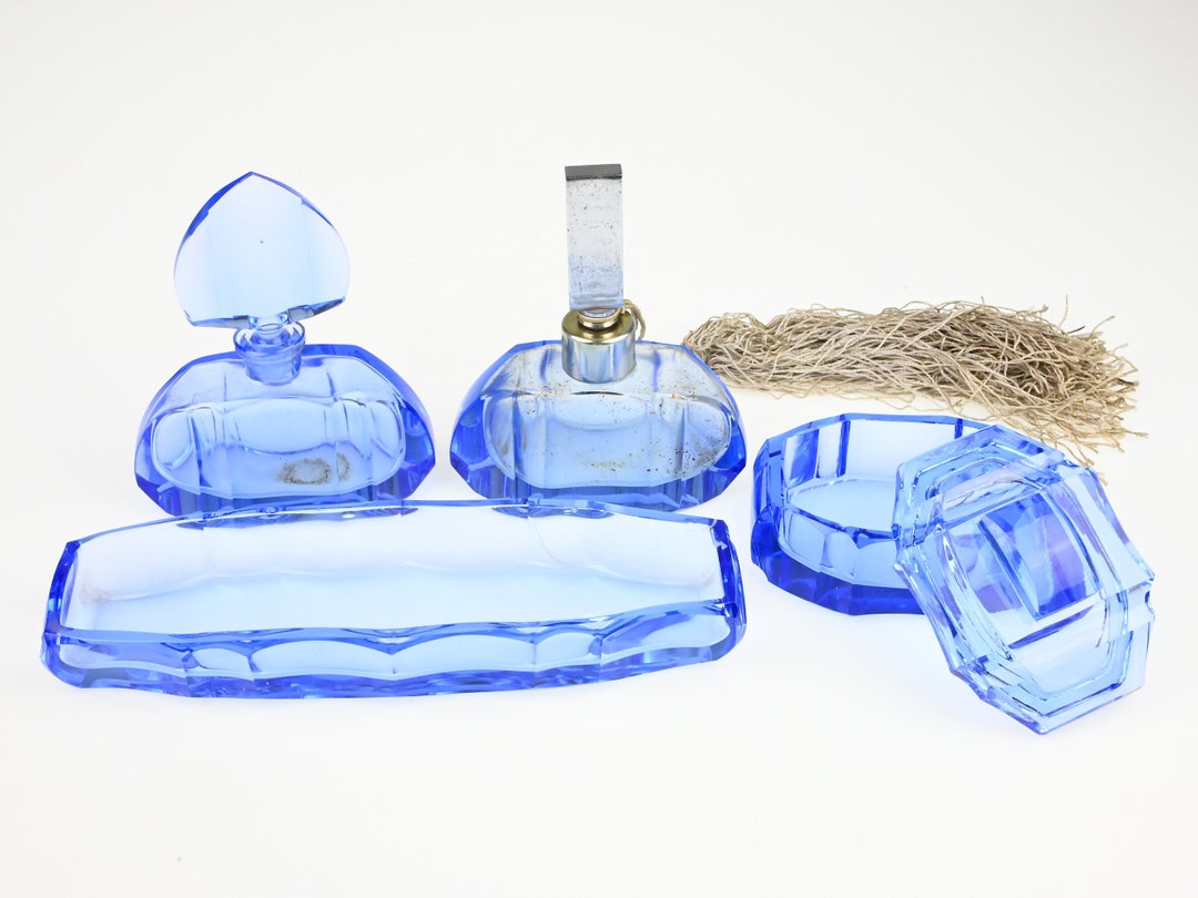 Antique Glass Vanity Set, Blue Translucent Glass, Antique Vanity Set ...