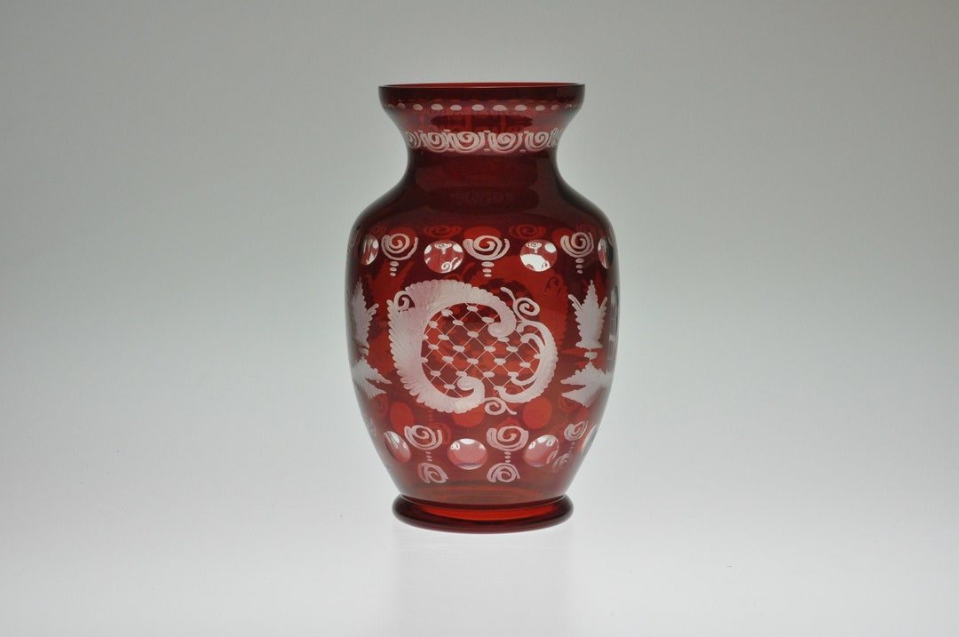 Vintage Egermann Glass Vase, Red Cut Glass, Red Cut to Clear Glass, Red ...